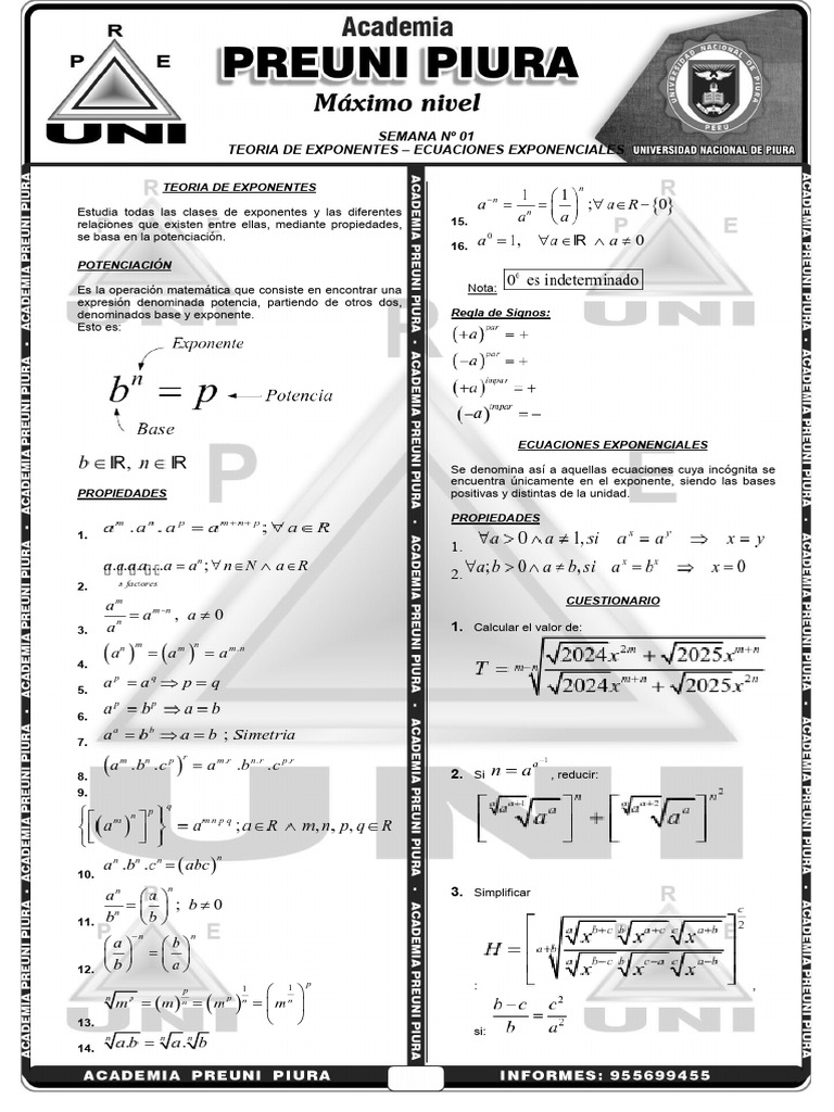 Semana 01 Algebra Regular Enero 2024 - Alumnos | PDF | Exponenciación ...
