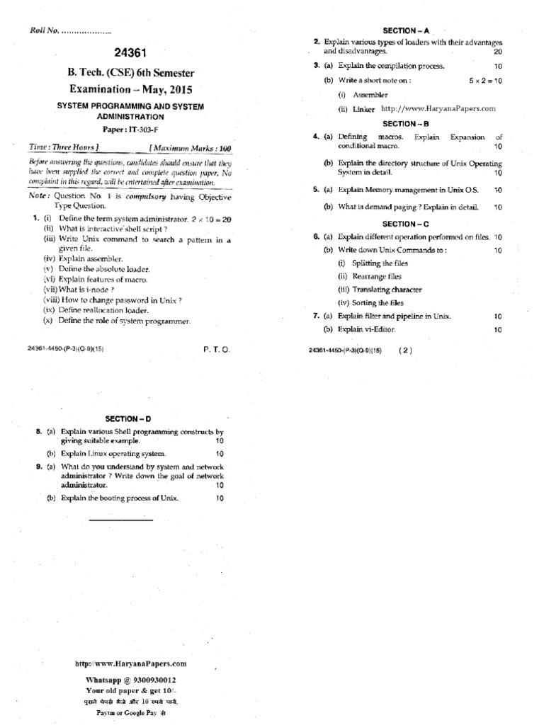 Btech Cse 6 Sem System Prgramming and System Administration 24361 May 2015 | PDF