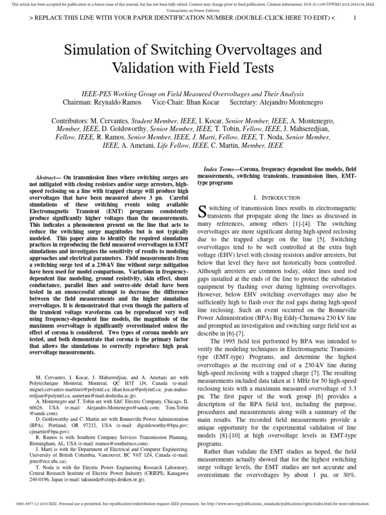 2018 Simulation Of Switching Overvoltages And Validation Pdf
