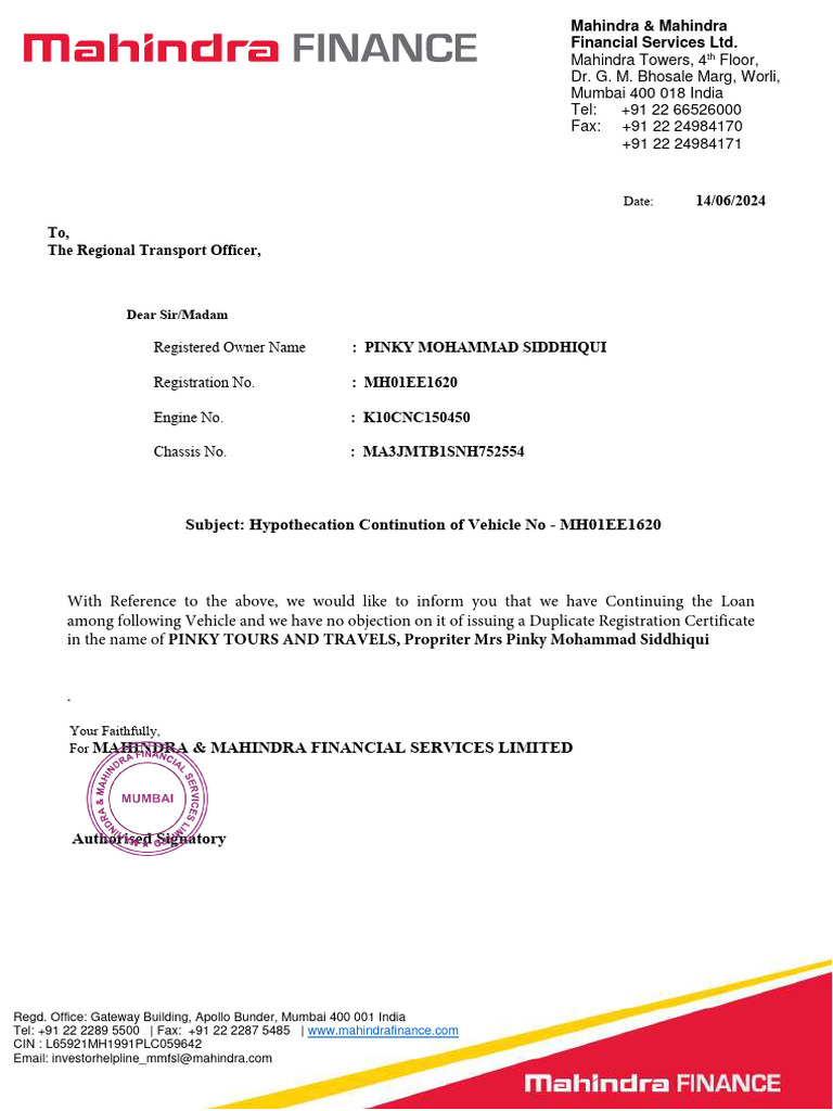 Mahindra & Mahindra Finance NOC | PDF