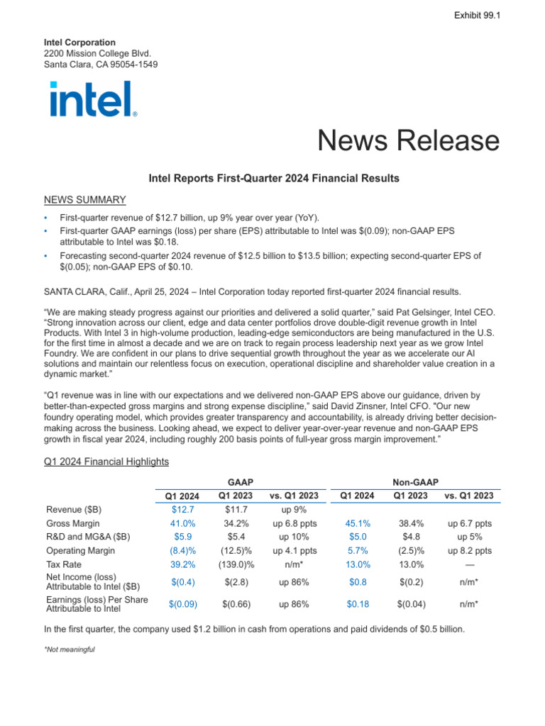 Intel Q1 2024 Financial Results Summary | PDF | Equity (Finance) | Intel