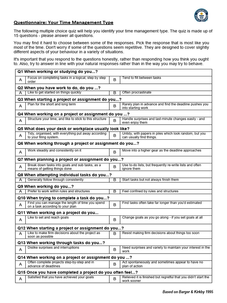 Your Time Management Type Questionnaire | PDF | Procrastination ...