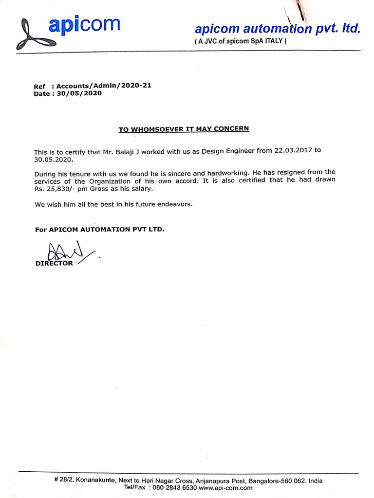 Apicom Experience Letter | PDF