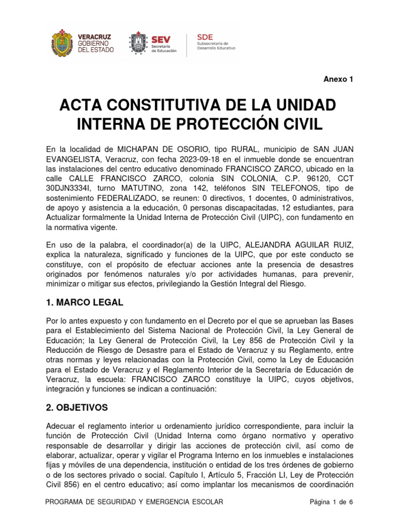 Acta Constitutiva Plantel 30DJN3334I Turno MATUTINO | Descargar gratis PDF | Defensa Civil ...