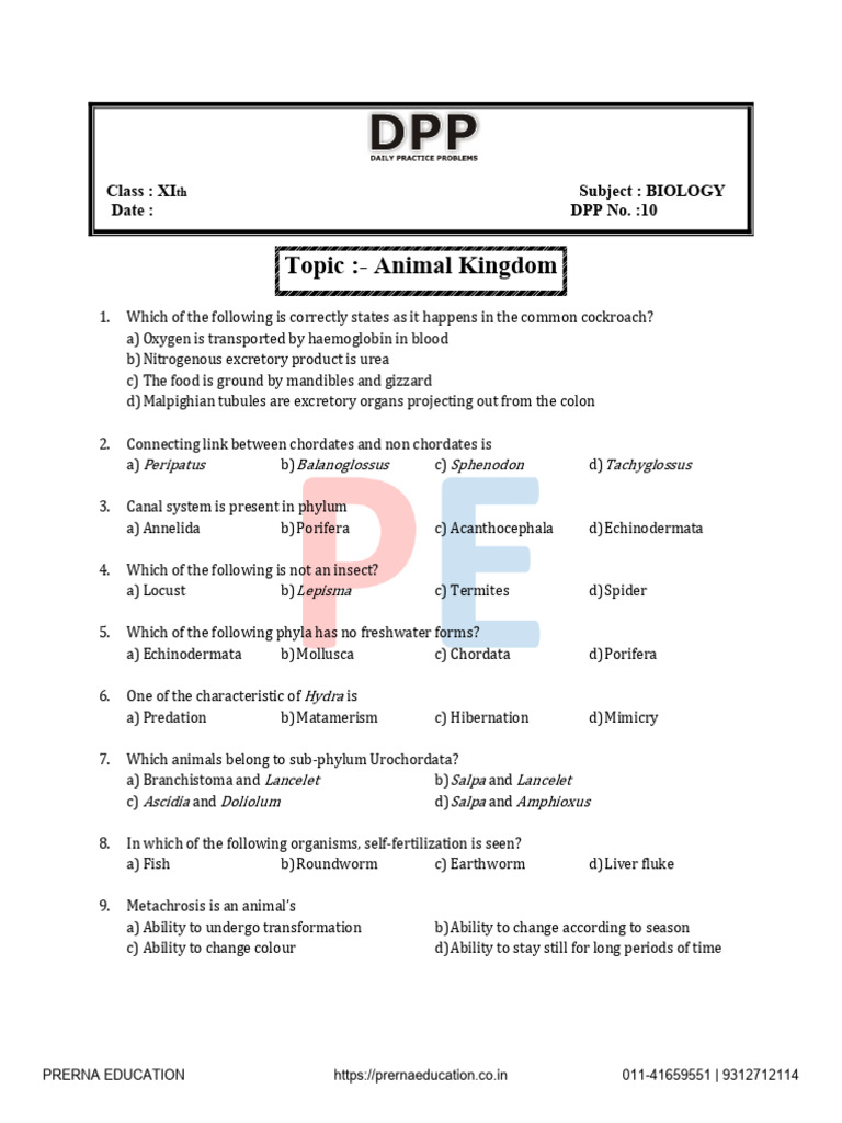 Animal Kingdom DPP 10 | PDF | Zoology