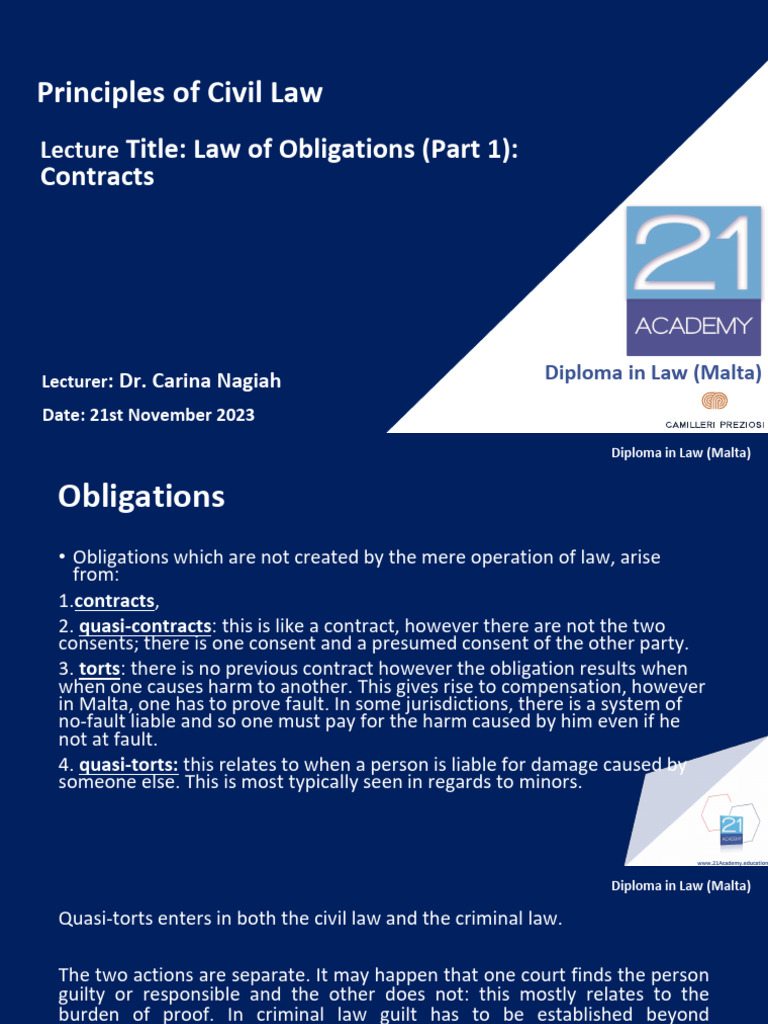 Law of Obligations Part 1 Contracts | PDF | Consideration | Lease