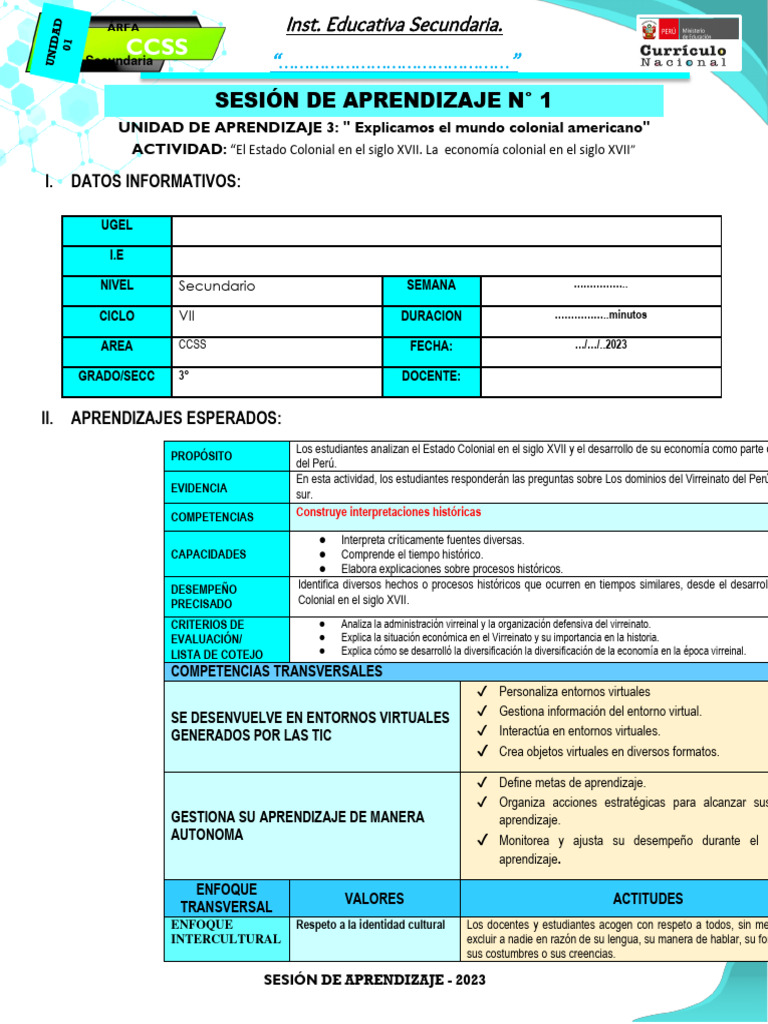 SESION CCSS 3° SEC-SEMANA 01 UNI 3 (1) | Descargar gratis PDF | Nueva españa | Perú