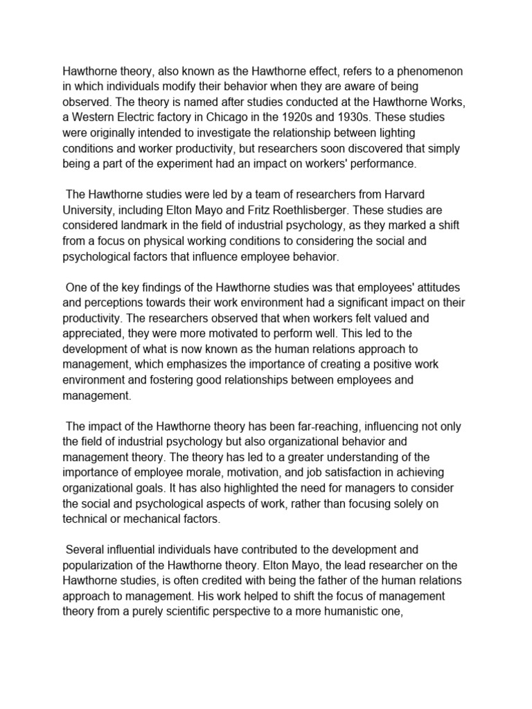 Understanding the Hawthorne Effect | PDF | Psychology | Industrial And ...