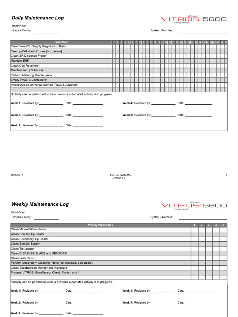 VITROS 5600 Maintenance Logs | PDF | Technology & Engineering