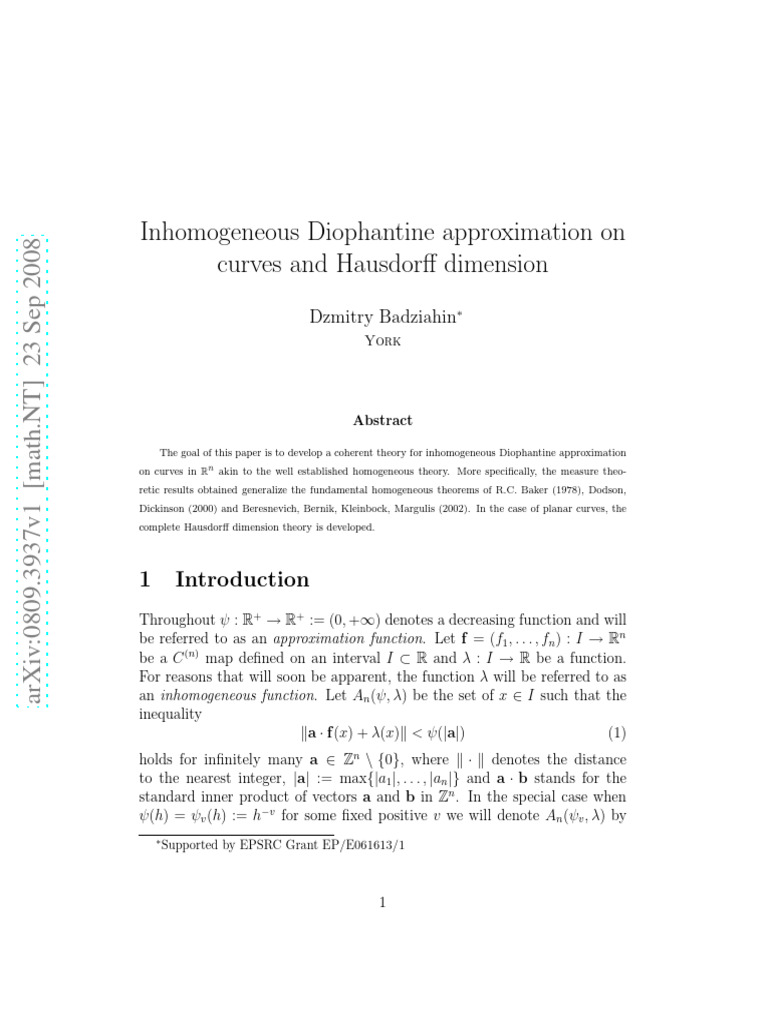 Inhomogeneous Diophantine Approximation On Curves and Hausdorff Dimension | PDF | Curve ...