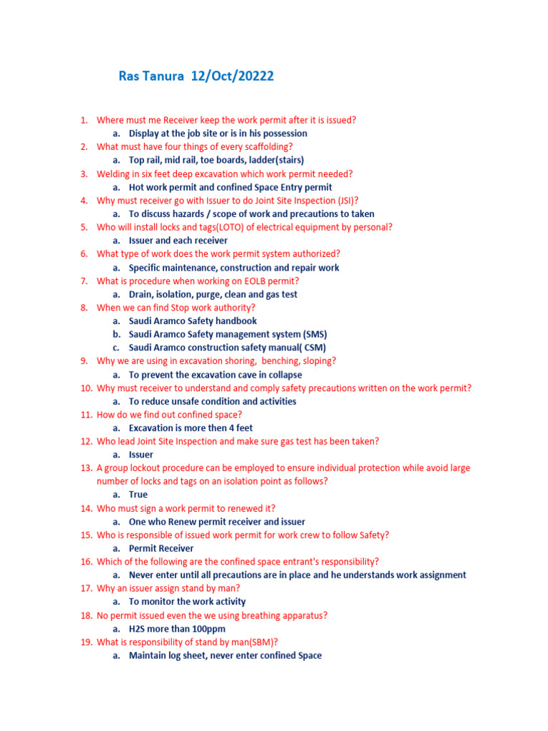 work permit receiver exam | Download Free PDF | Safety | Occupational ...