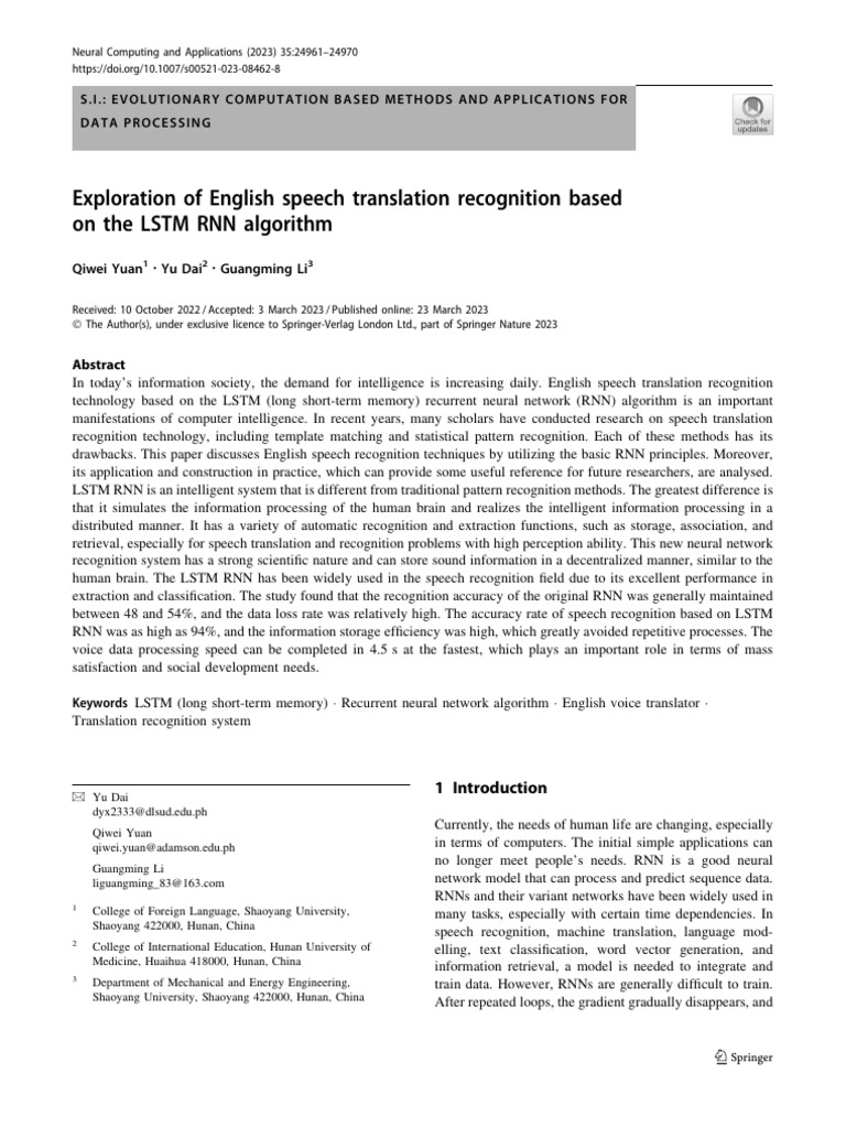 Exploration of English Speech Translation Recognition Based On The LSTM RNN Algorithm | PDF ...