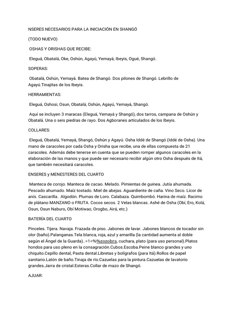 Enseres para Iniciación en Shangó | PDF | Padrino | Alimentos