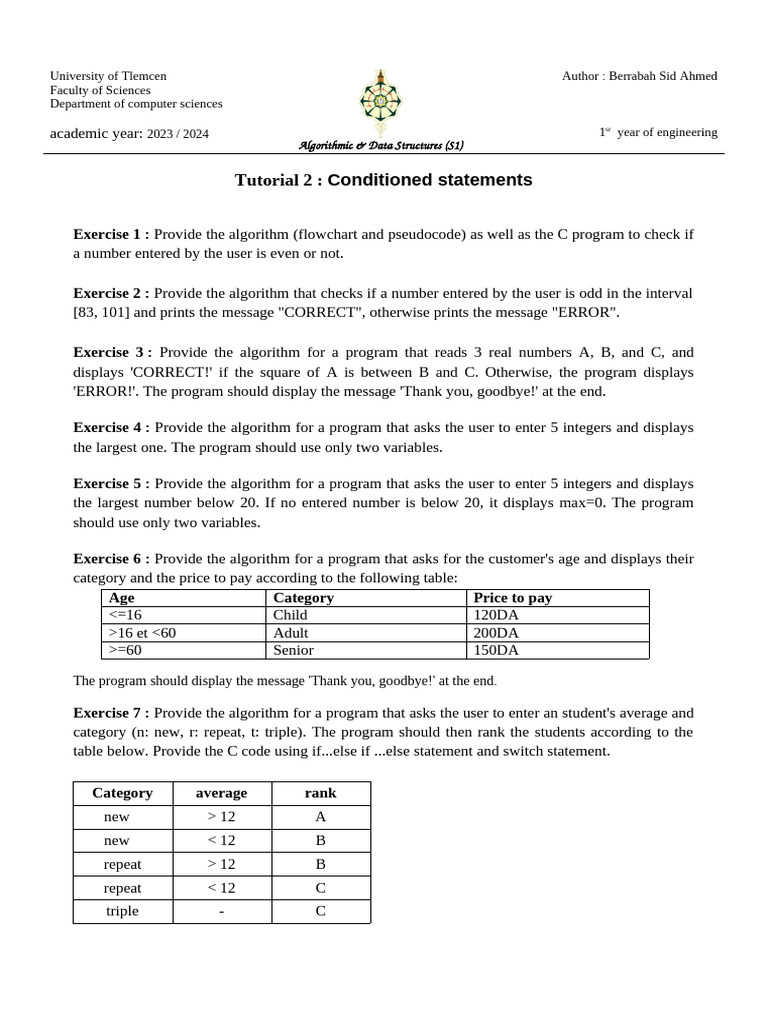 Td2 Conditional Statements Pdf Algorithms Algorithms And Data Structures