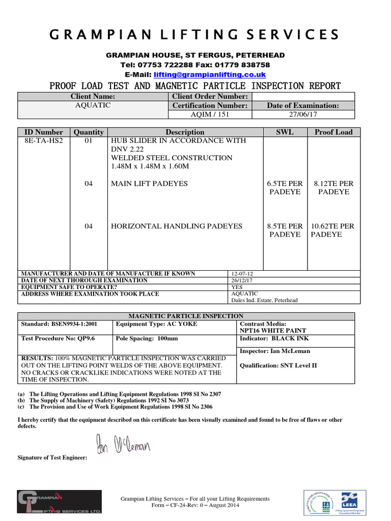 Grampian AQIM-151 AQPR-08E TB HS2 Hub Slider Lift Points Test Report 27 ...