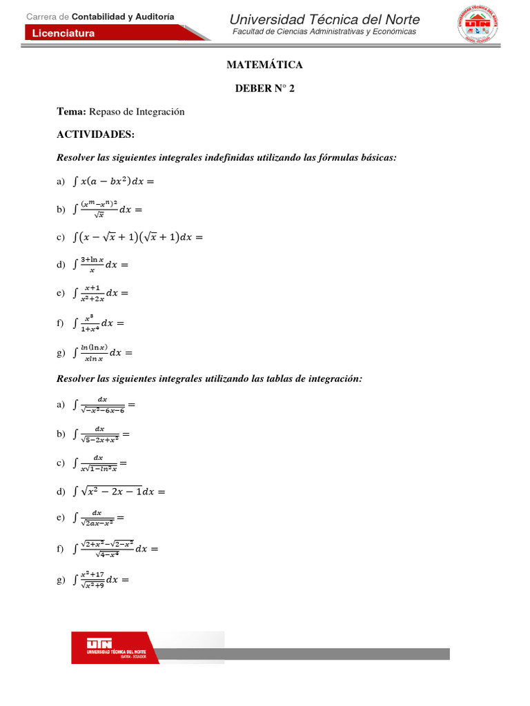 DEBER 2_B2(Repaso Integración) | PDF | Integral | Ecuaciones