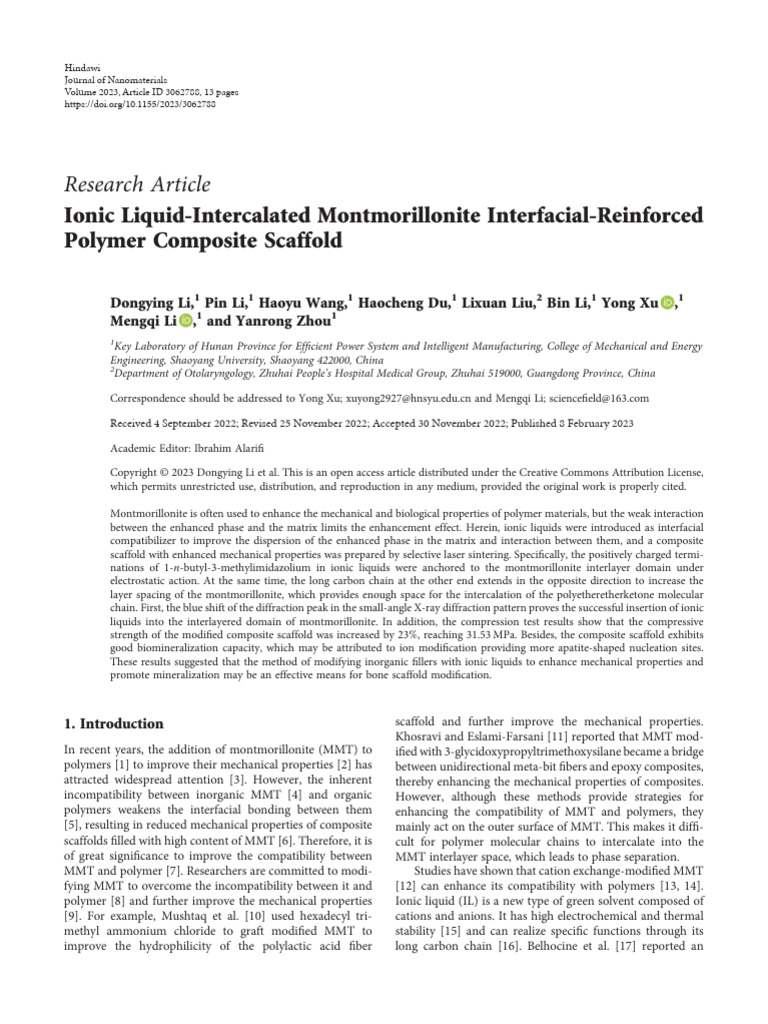 Ionic Liquid Intercalated Montmorillonite Interfacial Reinforced Polymer Composite Scaffold