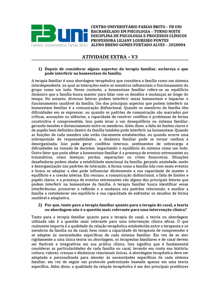 Atividade Extra - V3 | PDF | Família | Psicoterapia