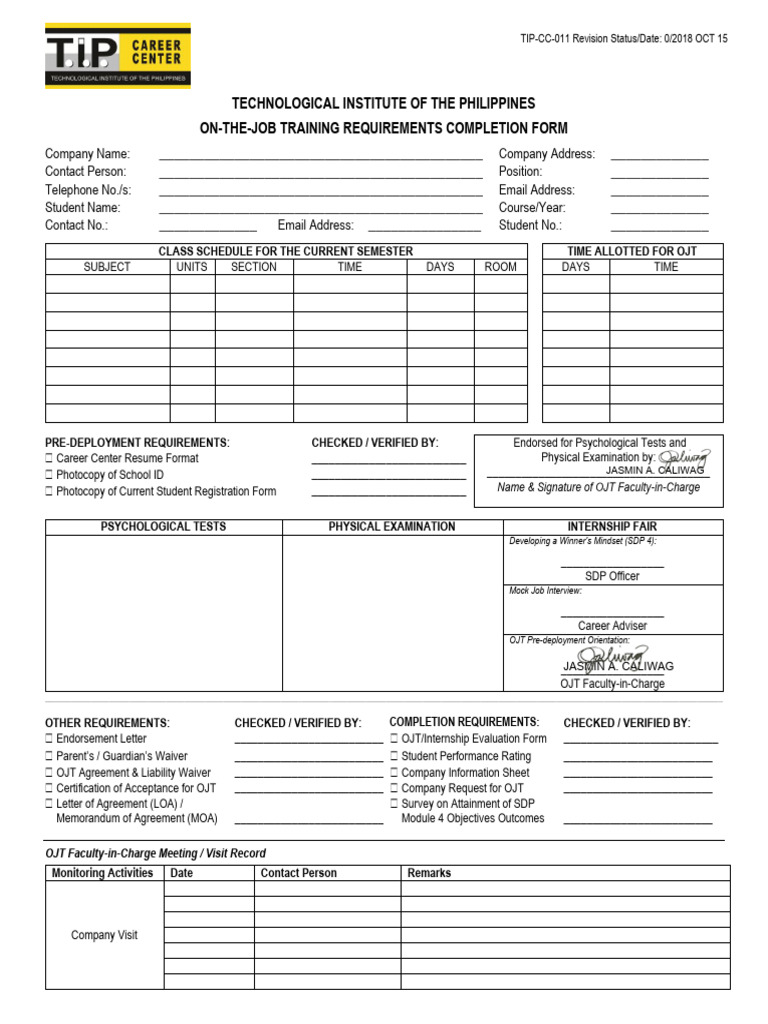TIP-CC-011 ON-THE-JOB TRAINING REQUIREMENTS COMPLETION FORM - Withjas ...
