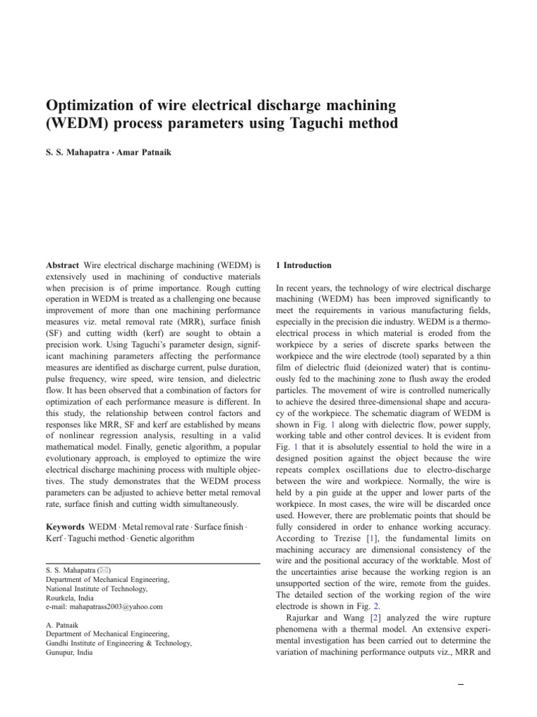 Optimization of Wire Electrical Discharge Machining (WEDM) Process Parameters Using Taguchi ...
