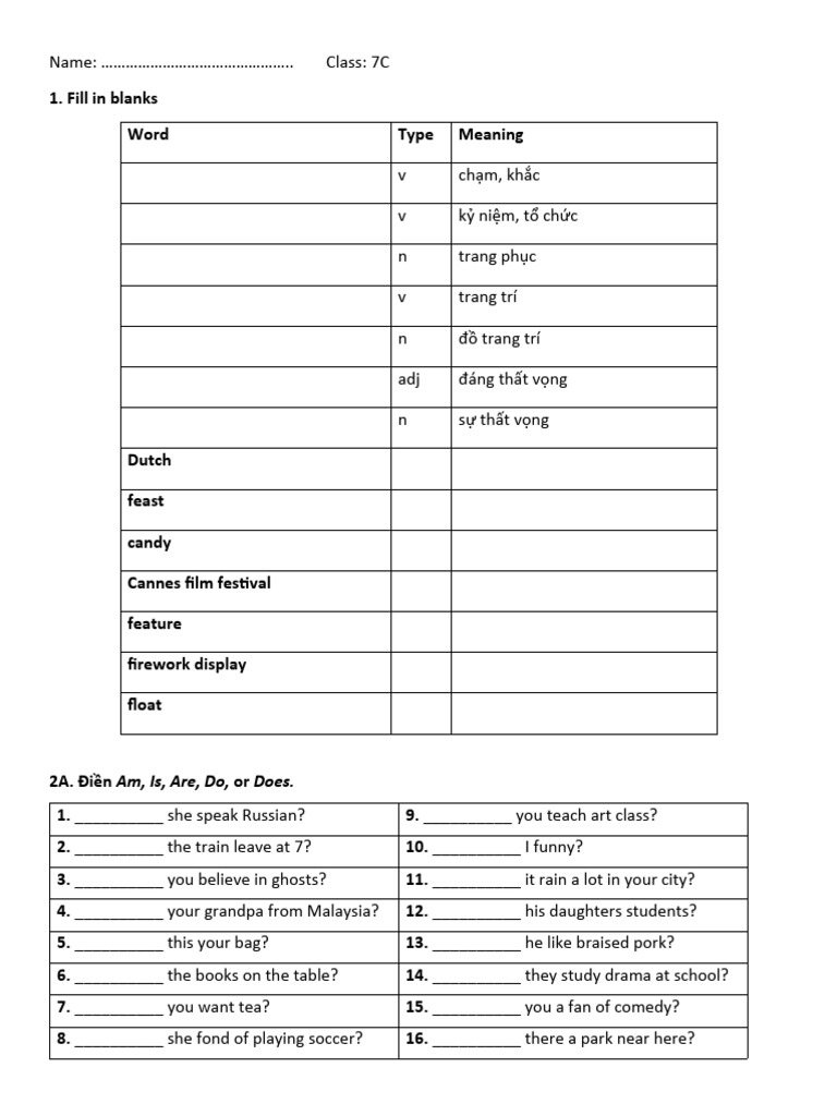 English Grammar Exercises for Class 7C | PDF