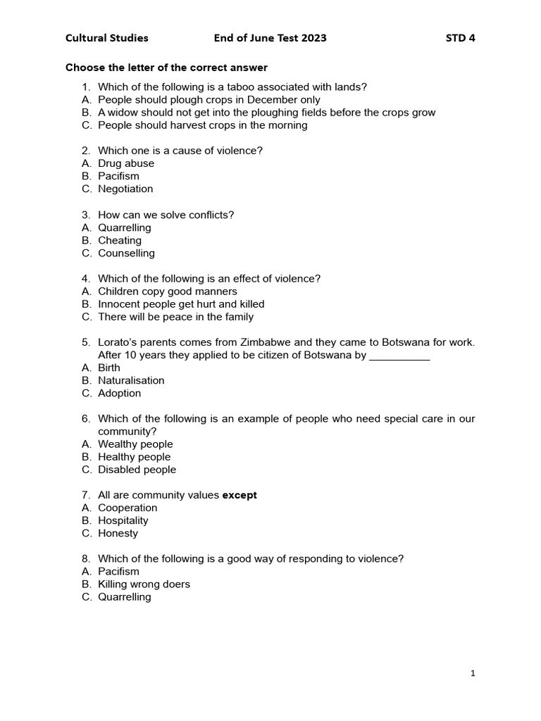 STD 4 Cultural Studies June Test | PDF | Justice | Crime & Violence