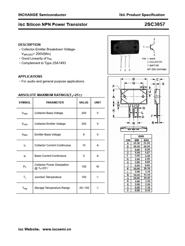 Inchange Semiconductor 2SC3857 Datasheet | PDF | Bipolar Junction Transistor | Semiconductors