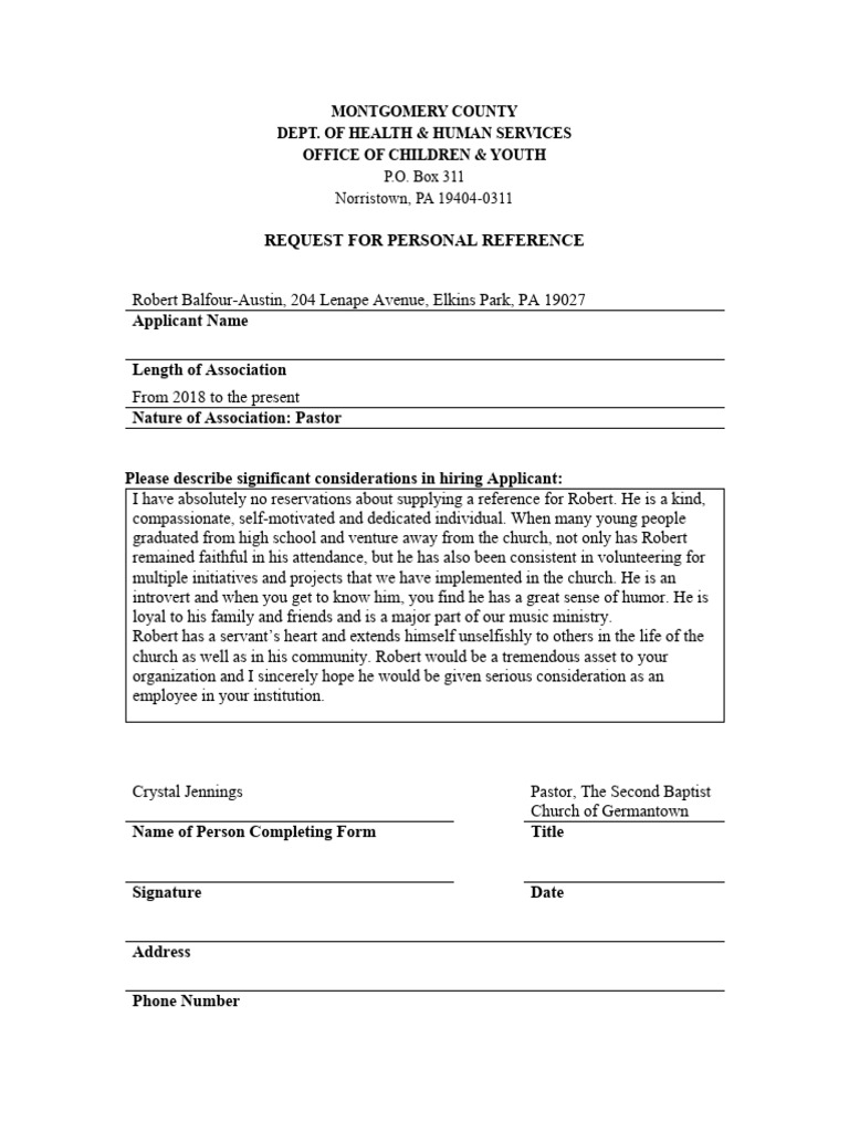 Balfour-Austin, Robert - Personal Reference Form - Jennings, Crystal | PDF