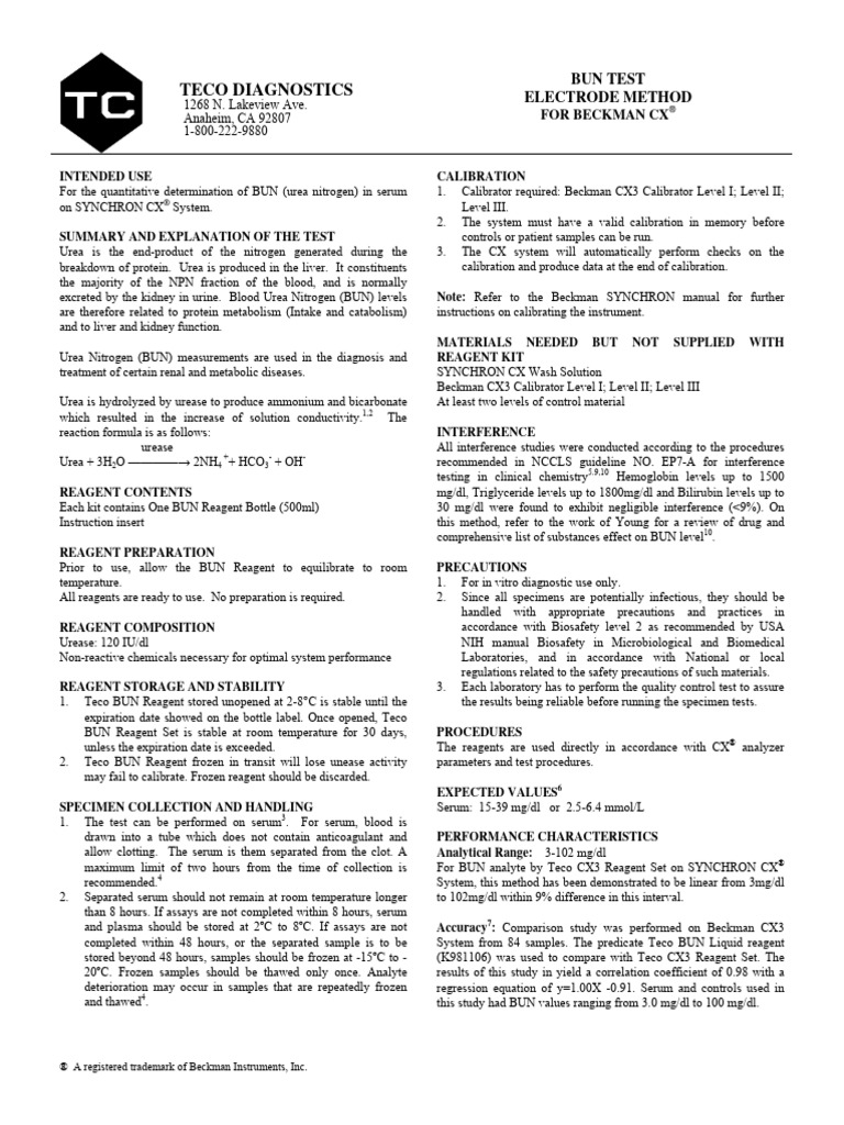 Bun Test Electrode Method For Beckman Cxâ® | PDF | Urea | Kidney