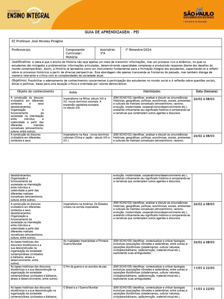 Guia de Aprendizagem 1° Bimestre - 3º Ano | PDF | Revoluções | Sociologia
