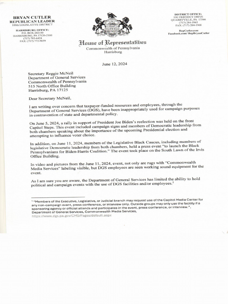 Cutler Letter To Pa. Dept. of General Services | PDF