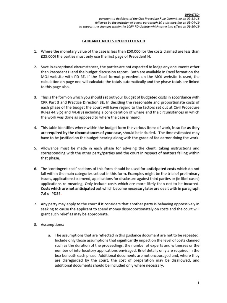 Costs Budget Guidance Notes | PDF | Discovery (Law) | Precedent