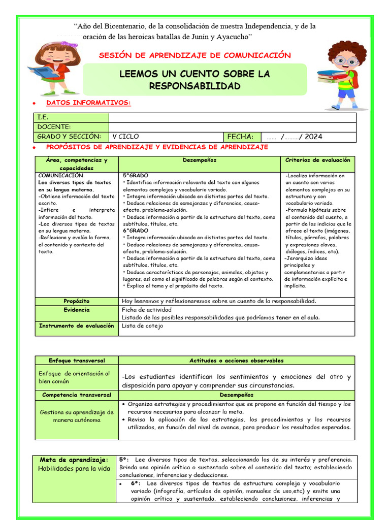 Ses-Juev-Pl-Leemos Un Cuento Sobre La Responsabilidad | PDF | Aprendizaje | Evaluación