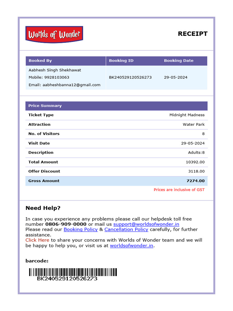 Water Park Booking Receipt for 8 Visitors | PDF