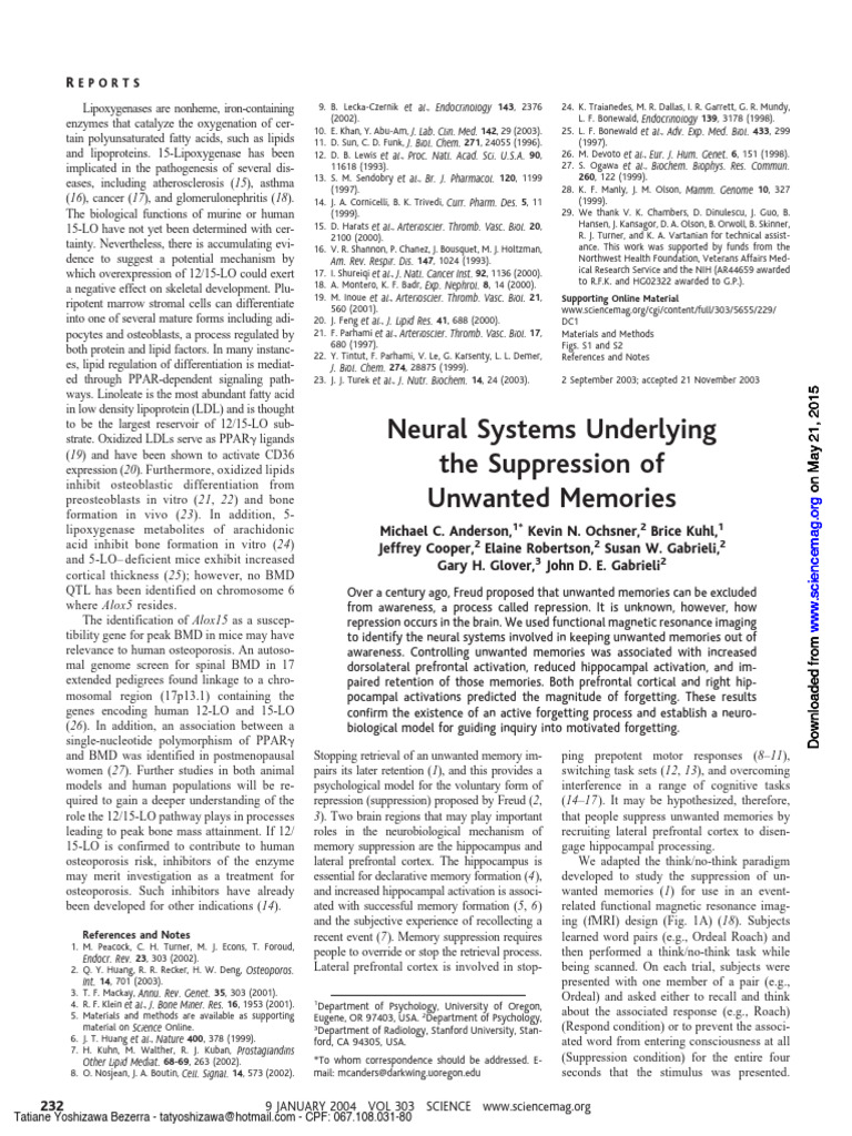 Neural Systems Underlying The Suppression of Unwanted Memories | PDF ...