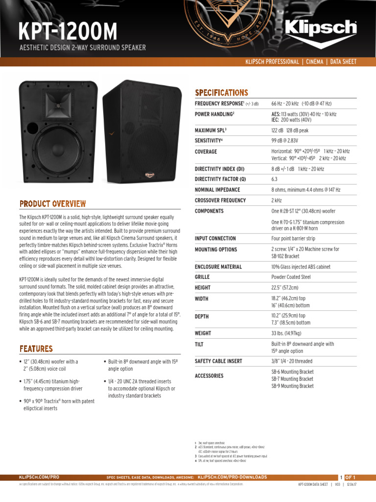 Klipsch KPT-1200M Surround Speaker Data | PDF | Loudspeaker | Sound ...