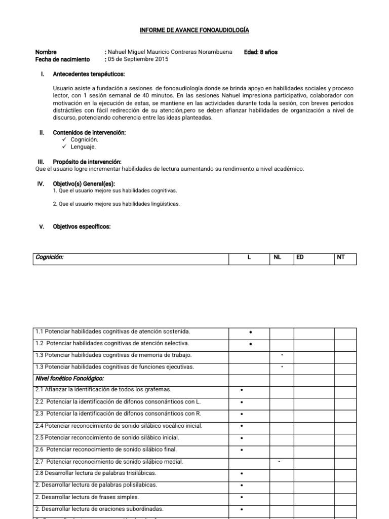 Informe Fonoaudiología Nahuel, 8 años | PDF