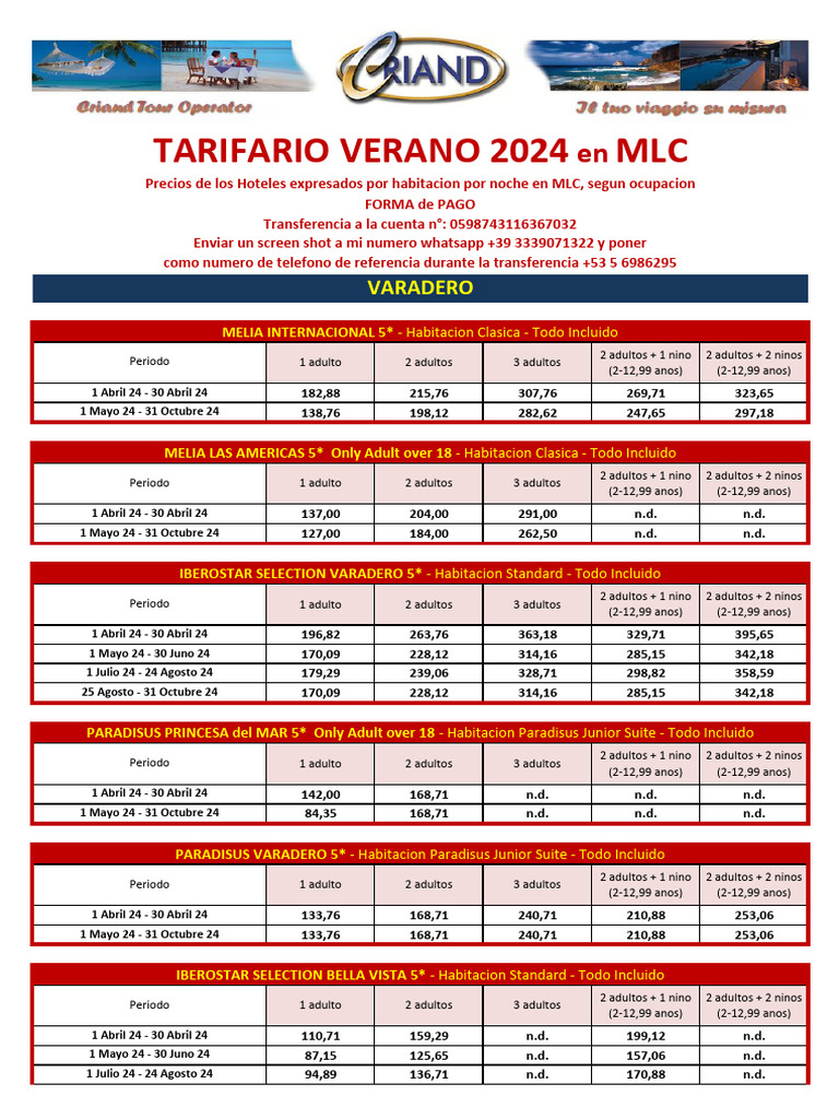 Tarifario Estancia Playa Cuba Verano-24 | PDF | Metrología | Science