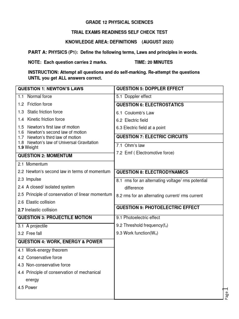 Self Check Test (Definitions) 2023 | PDF | Force | Functional Group