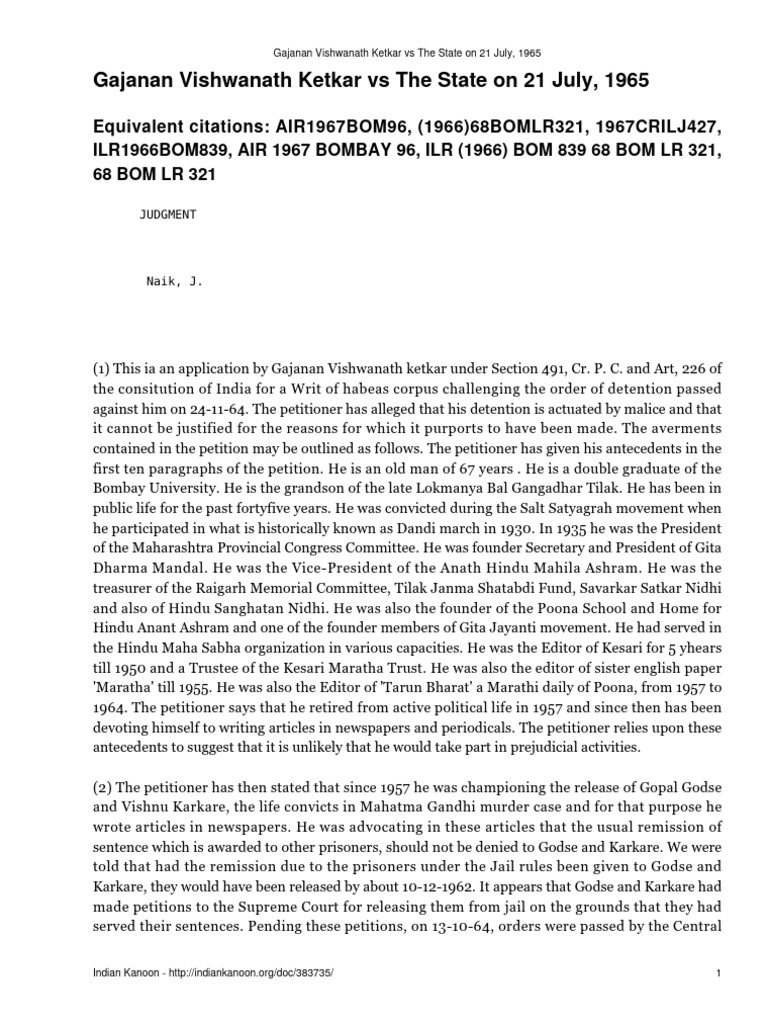 Gajanan Vishwanath Ketkar Vs The State On 21 July 1965 | PDF | Mahatma Gandhi