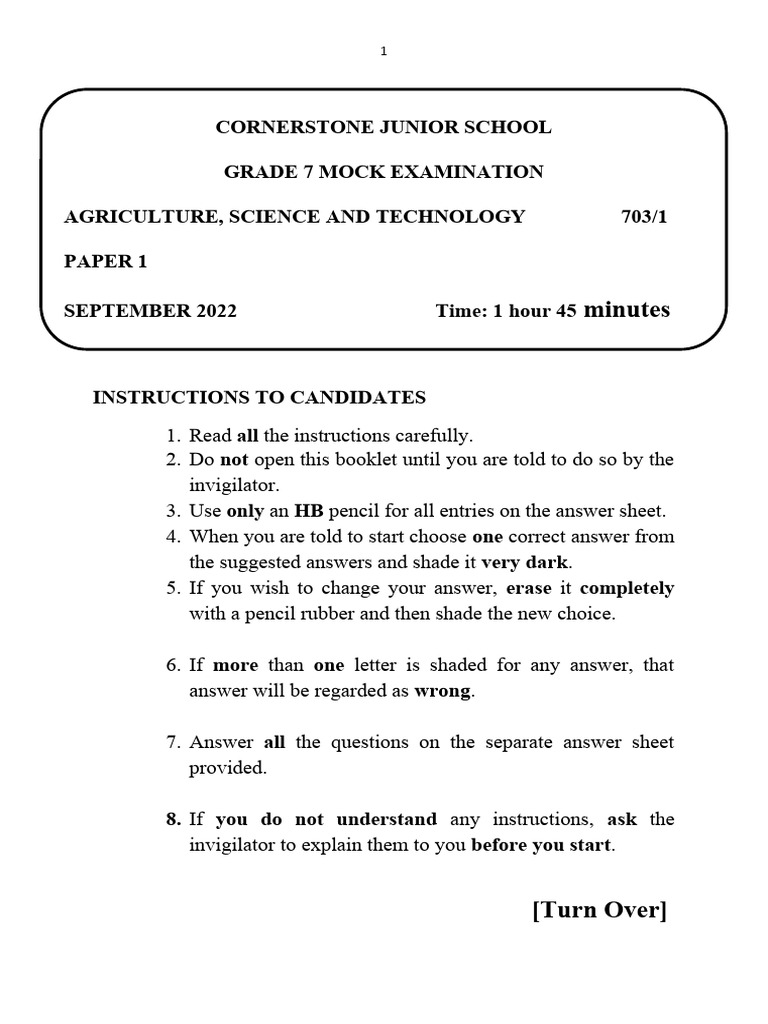 Grade 7 Agriculture, Science & Technology Paper 1 Mock 2022 | PDF | Soil | Agriculture