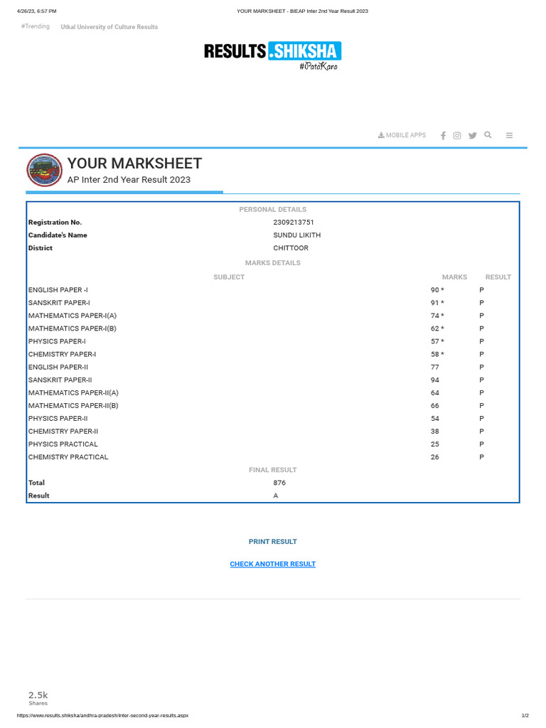 YOUR MARKSHEET - BIEAP Inter 2nd Year Result 2023 | PDF | Computing