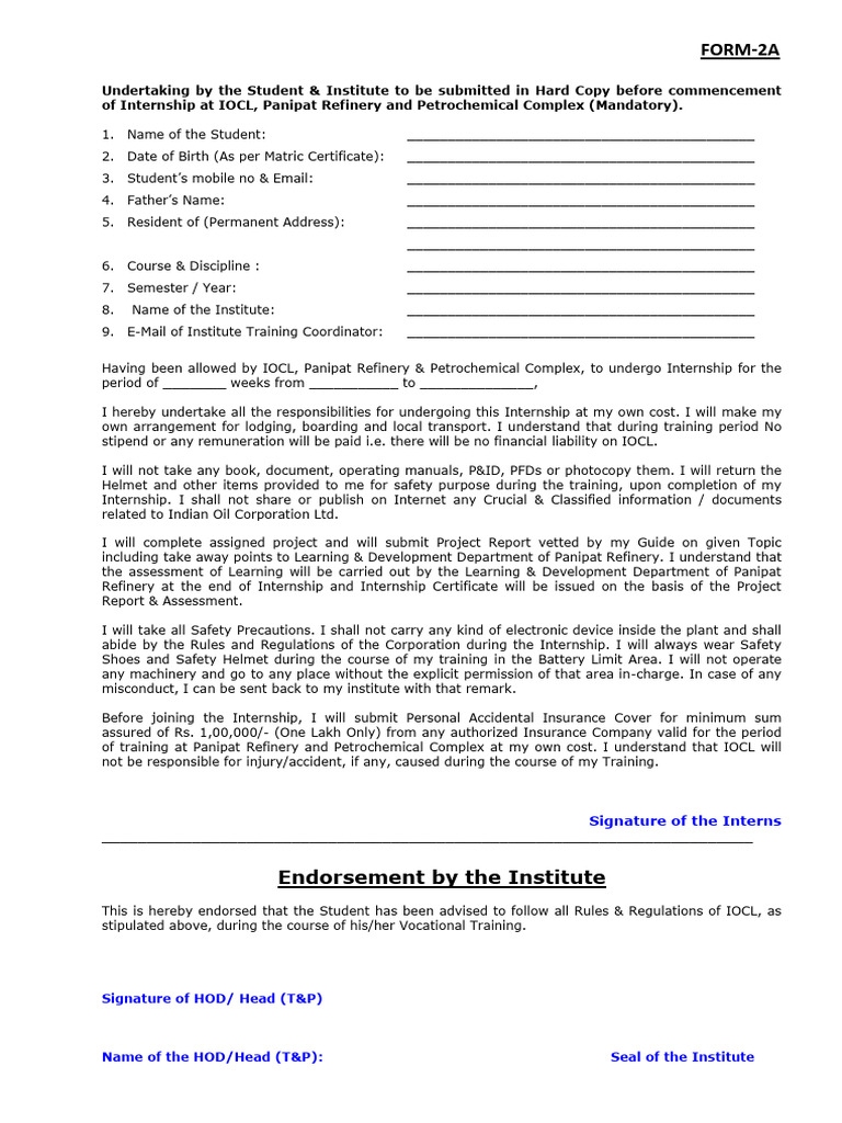 FORM-2A Undertaking by the Student and Institute | PDF