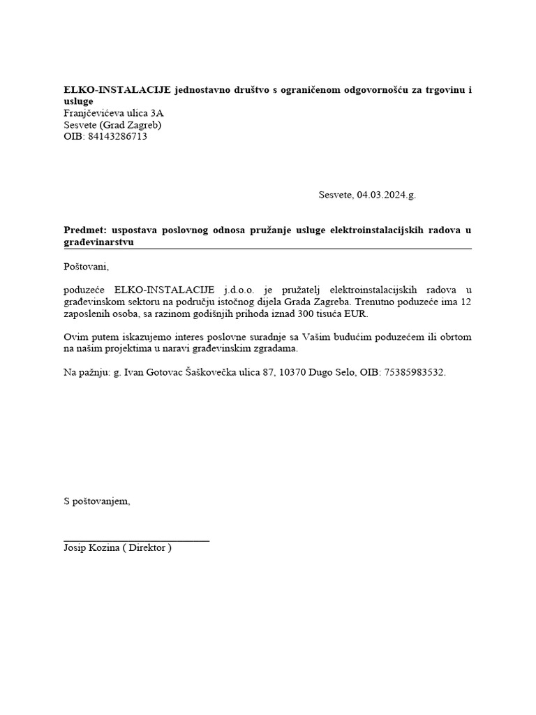 Pismo - Namjere Elko-Instalacije J.D.O.O. | PDF