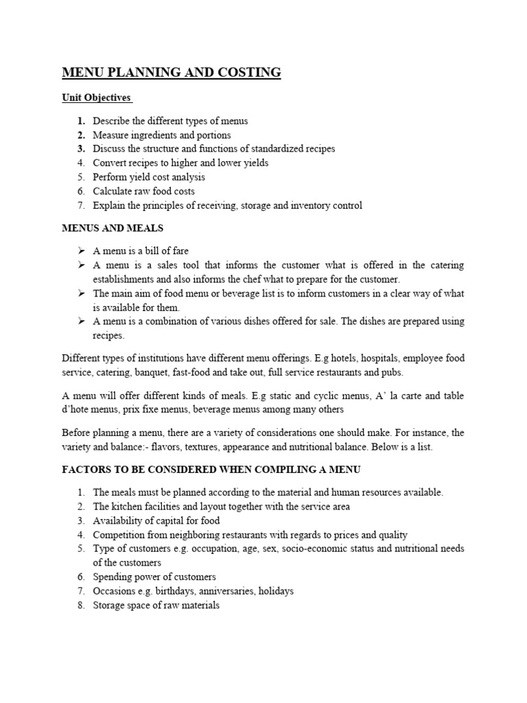 Menu Planning and Costing | PDF | Menu | Meal
