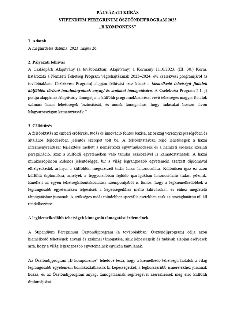 SP B Komponens Pályázati Kiírás 2023 | PDF