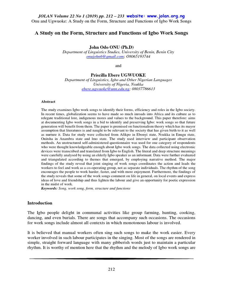 Igbo Work Songs: Form and Functions | PDF | Theory | Igbo People