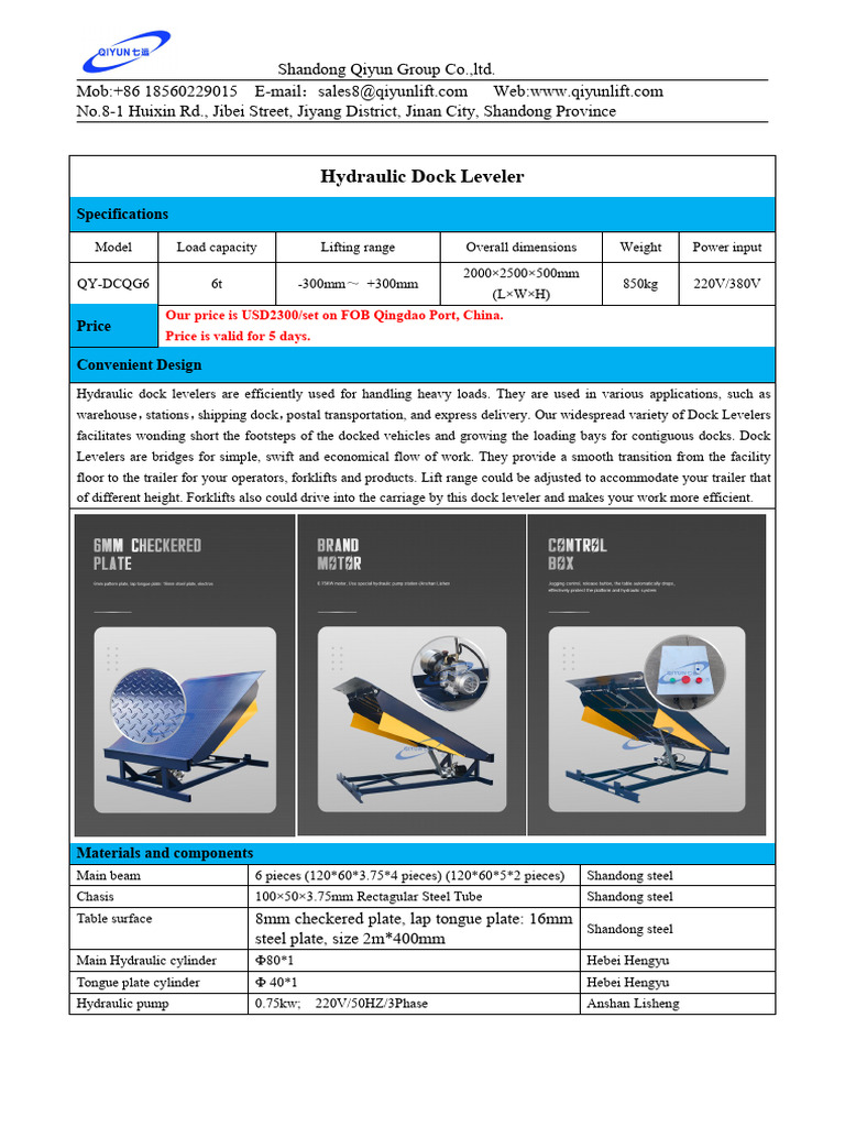 Hydraulic Dock Leveler Specifications | PDF | Forklift | Steel