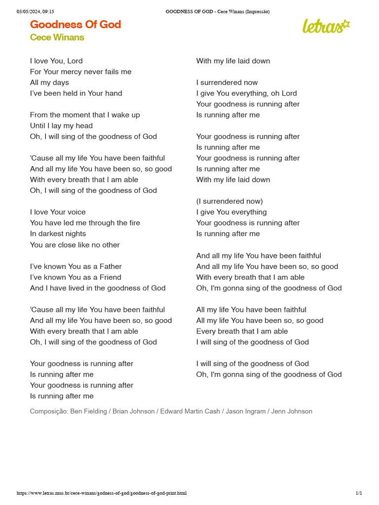 GOODNESS OF GOD - Cece Winans (Impressão) | Download Free PDF ...
