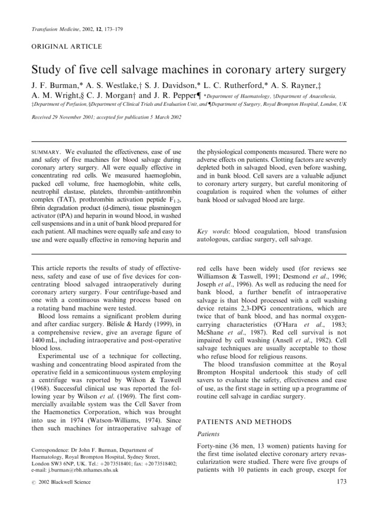 Study of five cell salvage machines in coronary artery surgery | PDF ...